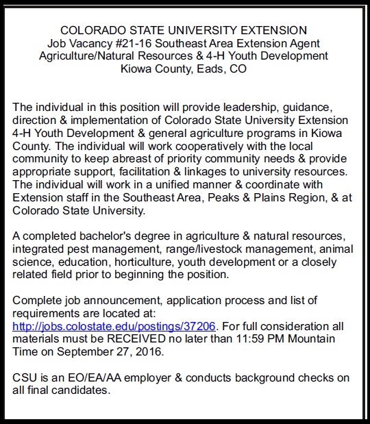 CSU Hiring Kiowa County Extension Agent | Kiowa County Press - Eads ...