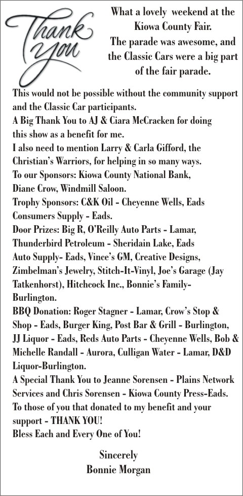 Card of Thanks - Bonnie Morgan | Kiowa County Press - Eads, Colorado ...